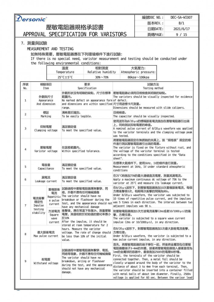 Dersonic varistor approval specification page 10
