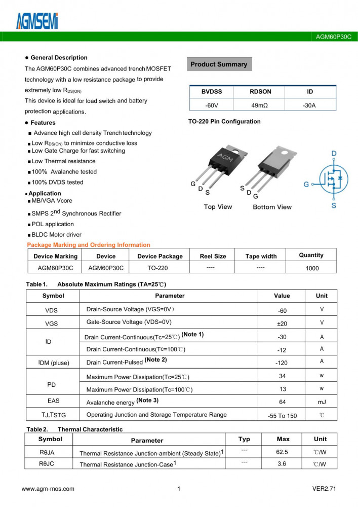 AGM60P30C datasheet page 1