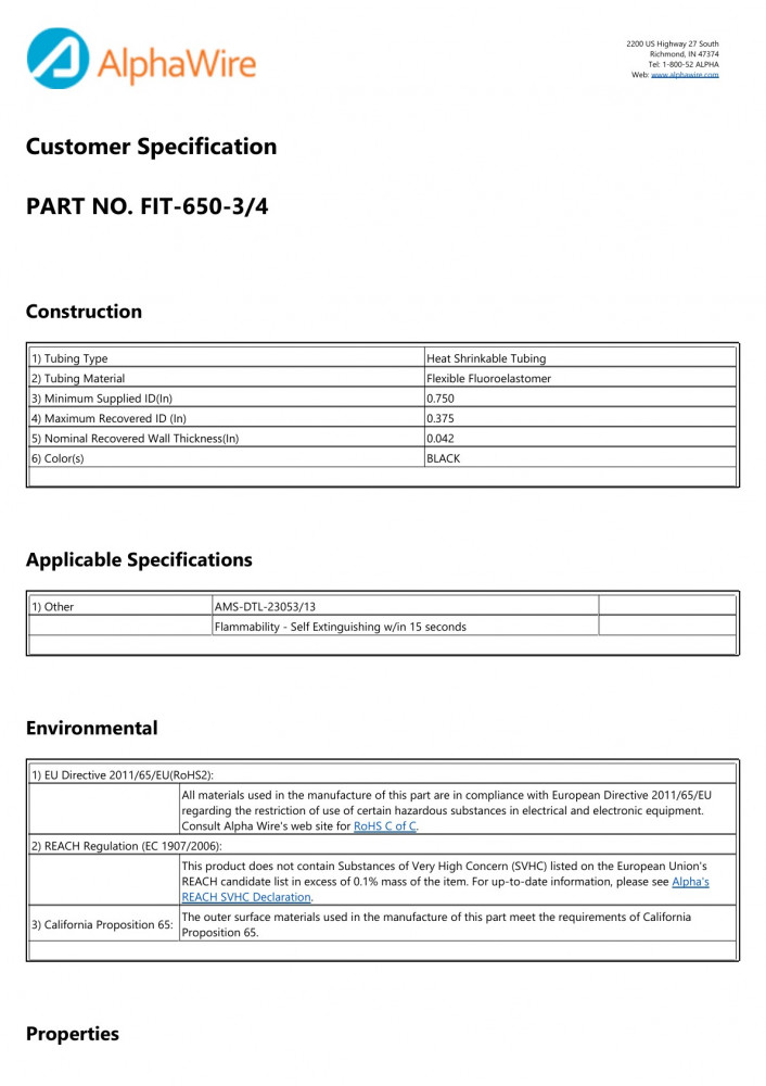 Alpha Wire FIT-650-3/4 technical document page 1