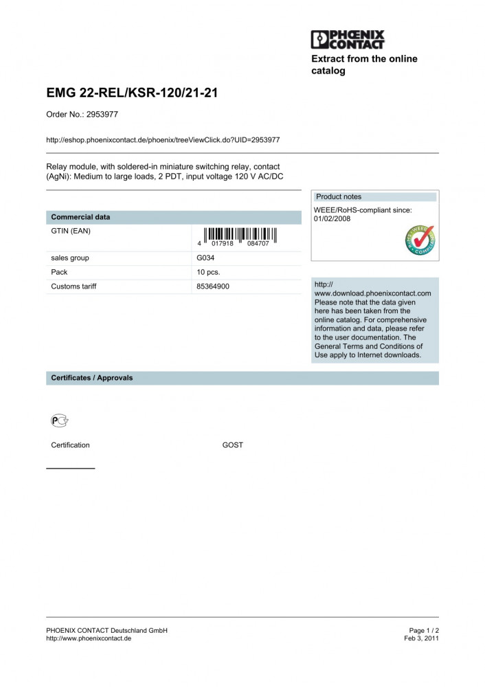 Phoenix Contact 2953977 technical document page 1