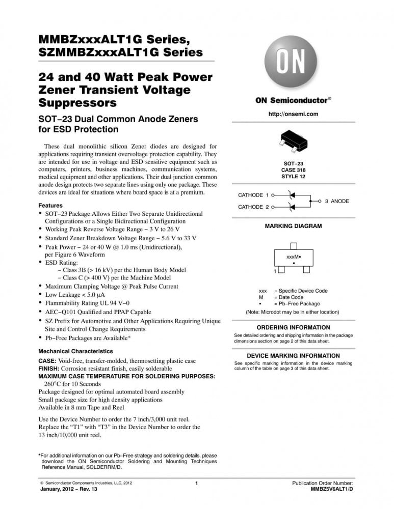 MMBZ15VALT1G datasheet page 1