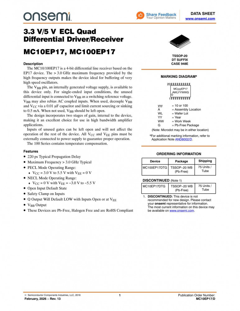 MC100EP17 datasheet page 1