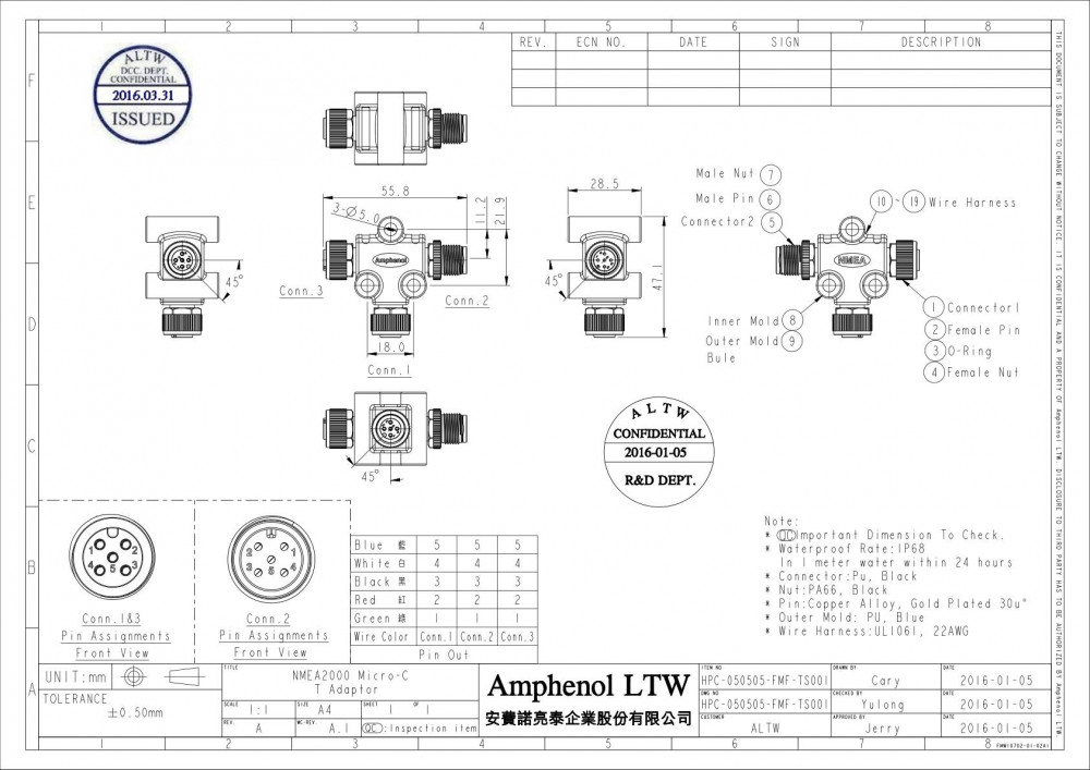 Amphenol LTW NMEA2000 Micro-CT Adaptor engineering drawing