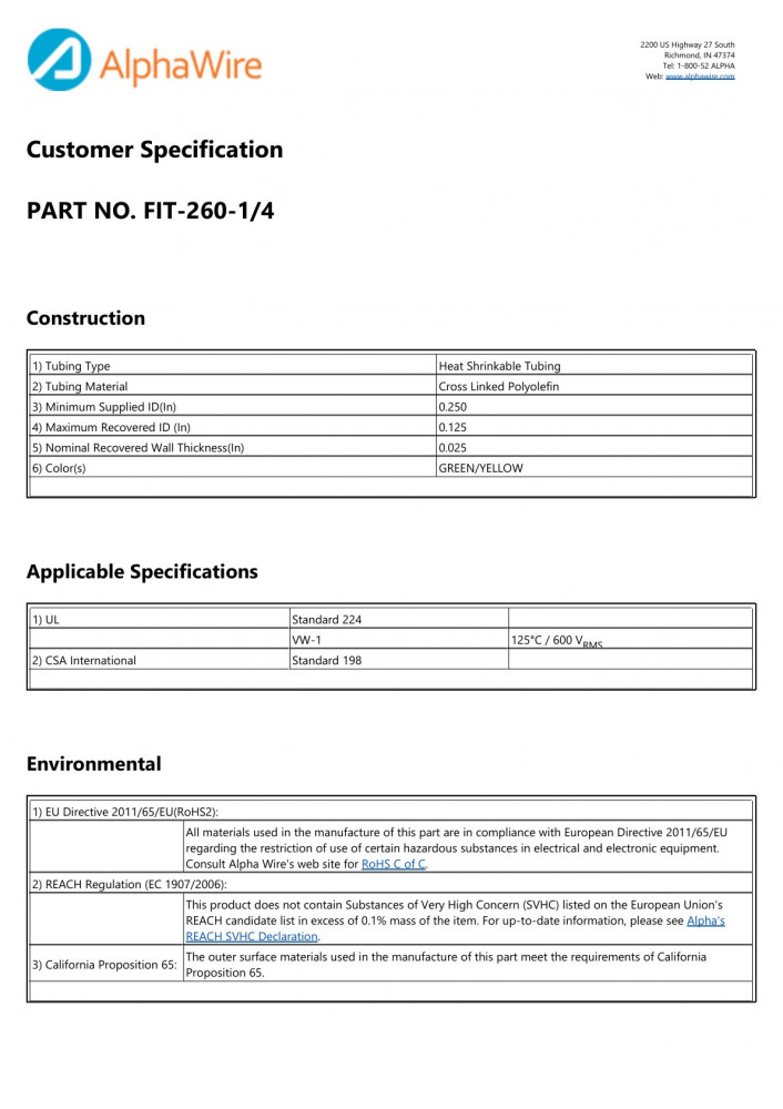 Alpha Wire FIT-260-1/4 technical document page 1