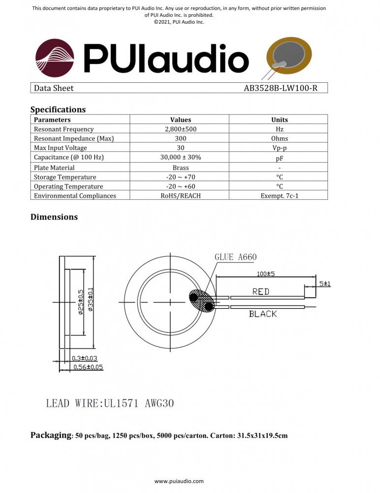 PUI Audio AB3528B-LW100-R datasheet page 1