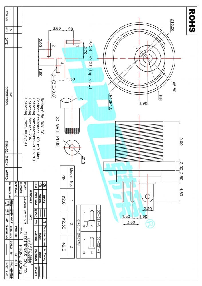 Korean Hroparts Elec DC-021 drawing and specification sheet