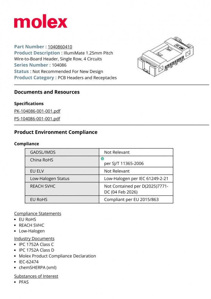 MOLEX 104086-0410 product specification page 1