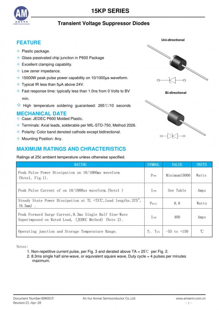 15KPA series datasheet page 1