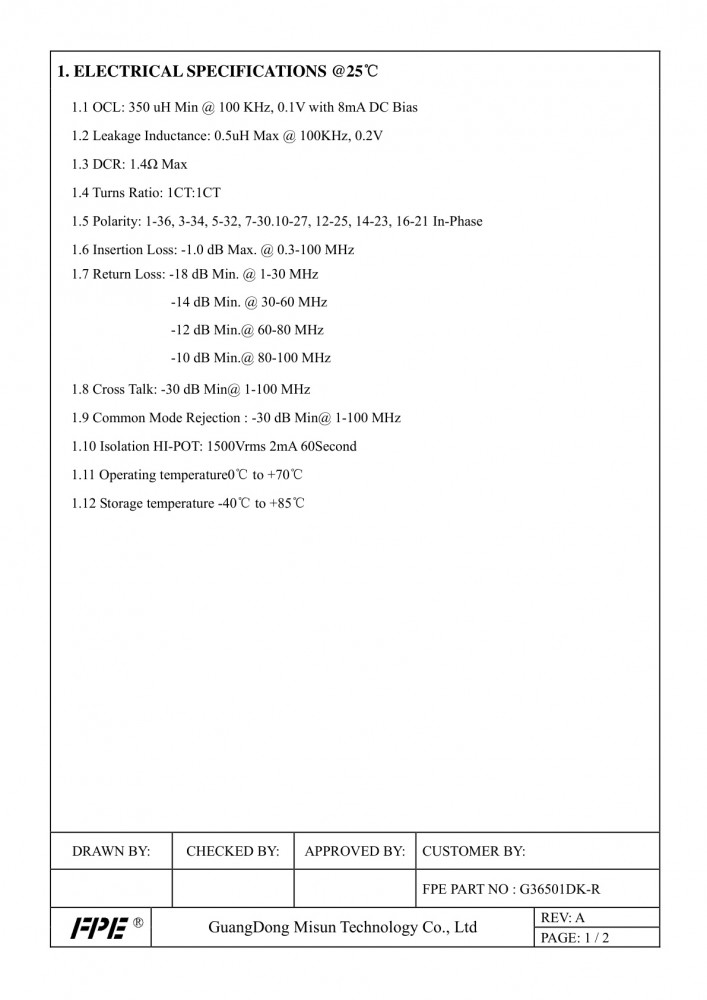 FPE G36501DK-R electrical specifications and schematic