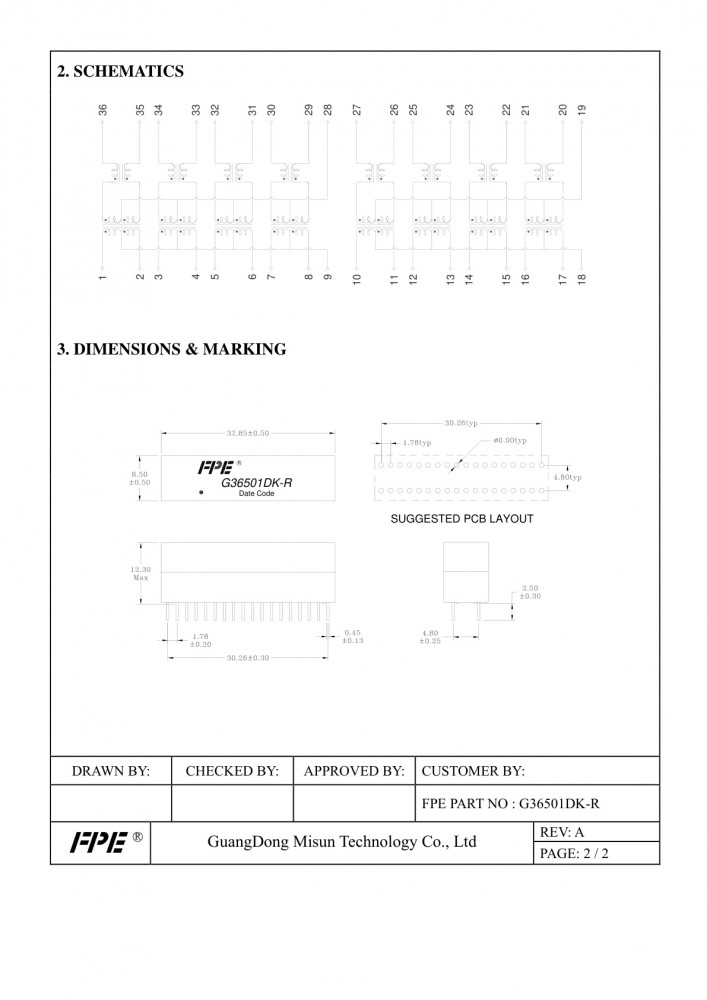 FPE G36501DK-R dimensions, marking and suggested PCB layout