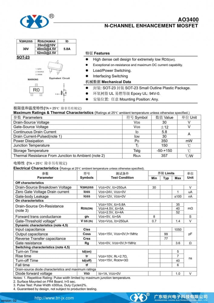 JUXING AO3400 datasheet page 1