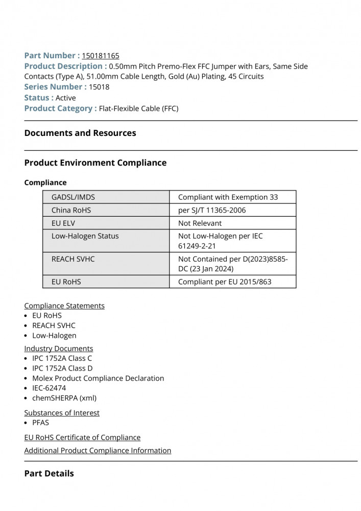 FFC product specification, page 1