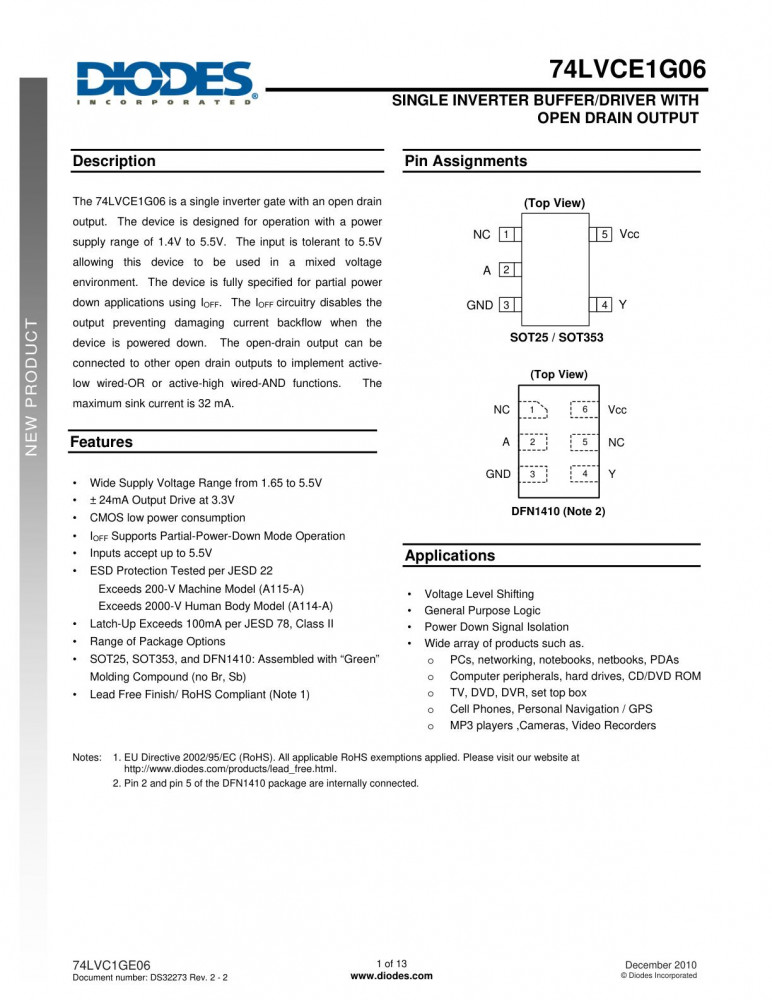 74LVCE1G06W5-7 datasheet page 1