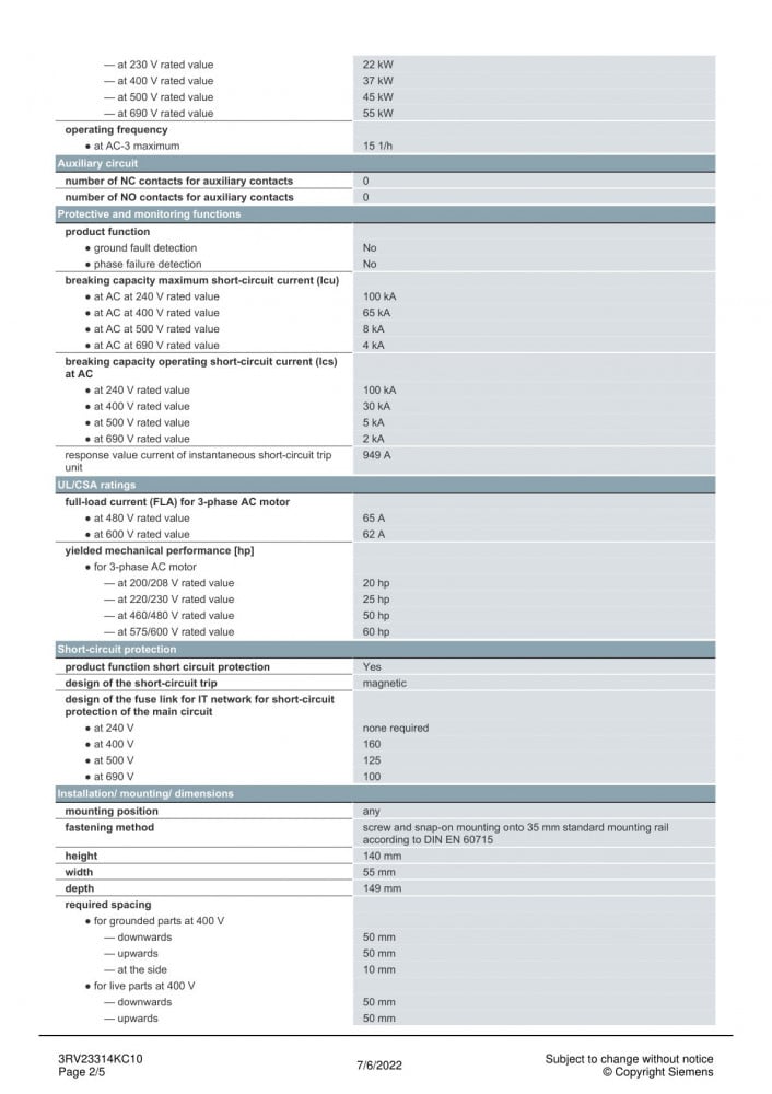 3RV23314KC10 technical document page 2