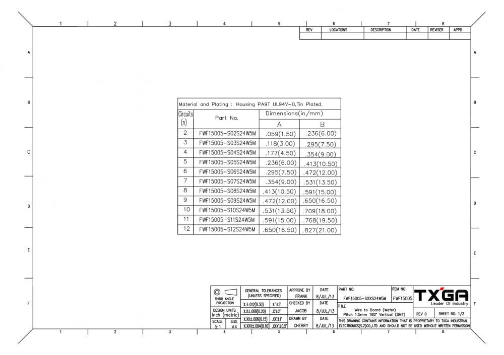 TXGA FWF15005 technical drawing sheet 2