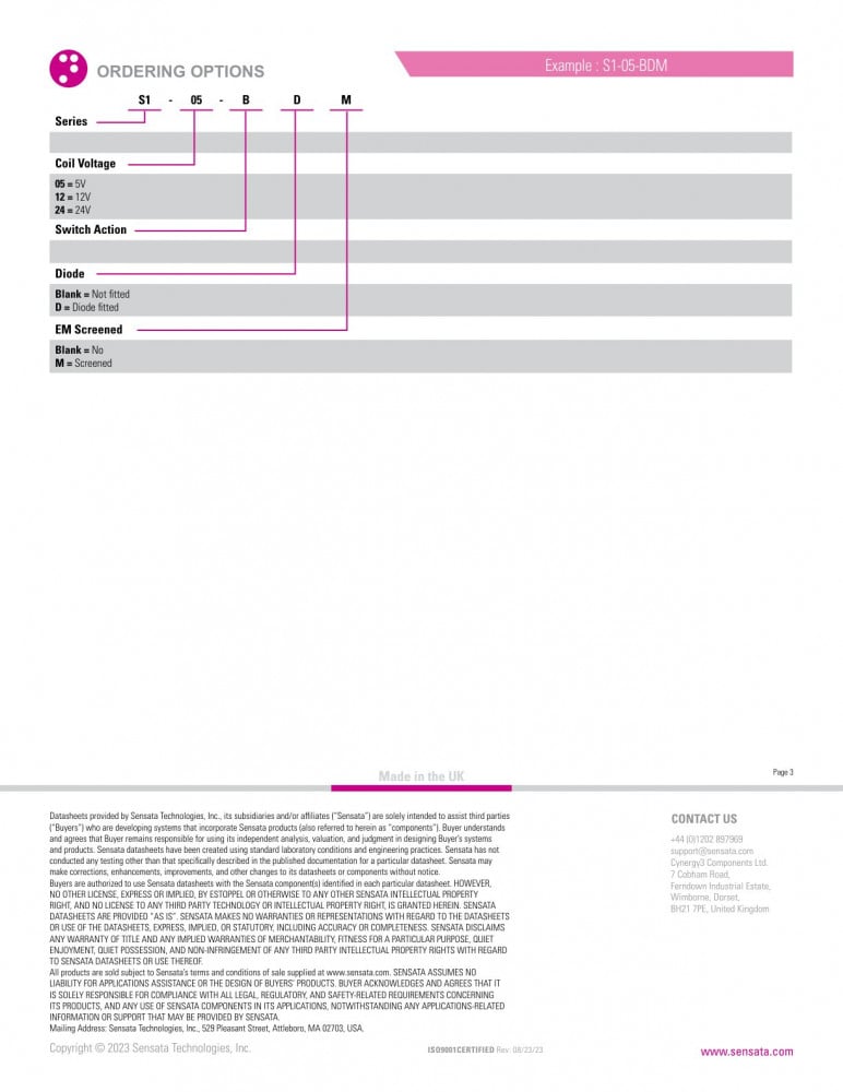 Sensata S1 Form B series documentation page 3
