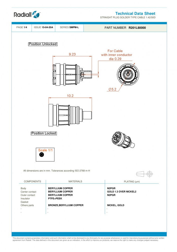 R201L80000 datasheet page 1: connector positions, dimensions, and materials