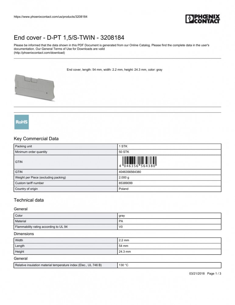 Phoenix Contact D-PT 1,5/S-TWIN 3208184 document page 1