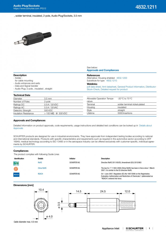 SCHURTER 4832.1211 technical document page 1