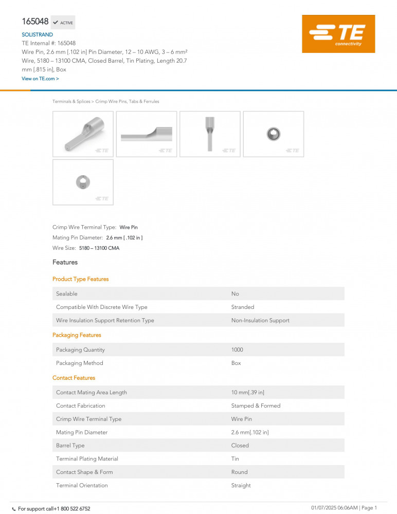 TE Connectivity 165048 document page 1