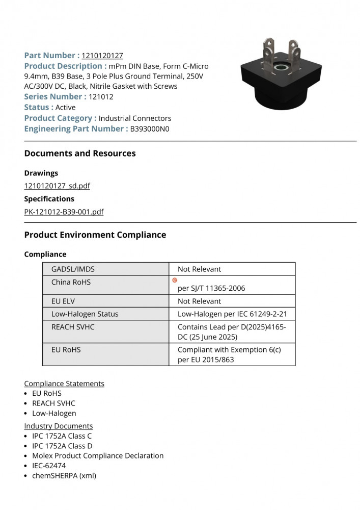 MOLEX DIN Valve Series B39 packaging specification page image 1