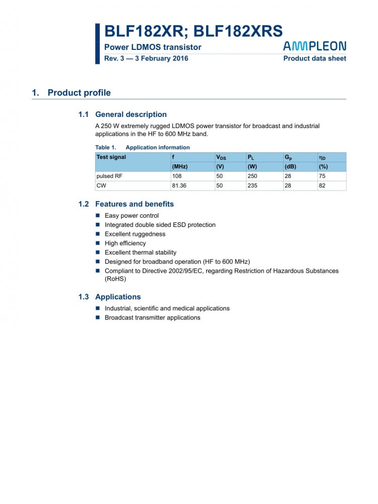 BLF182XRSU datasheet page 1
