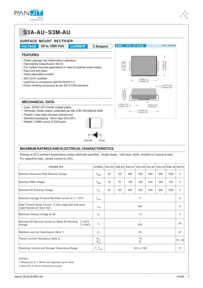 PANJIT S3J-AU datasheet page 1