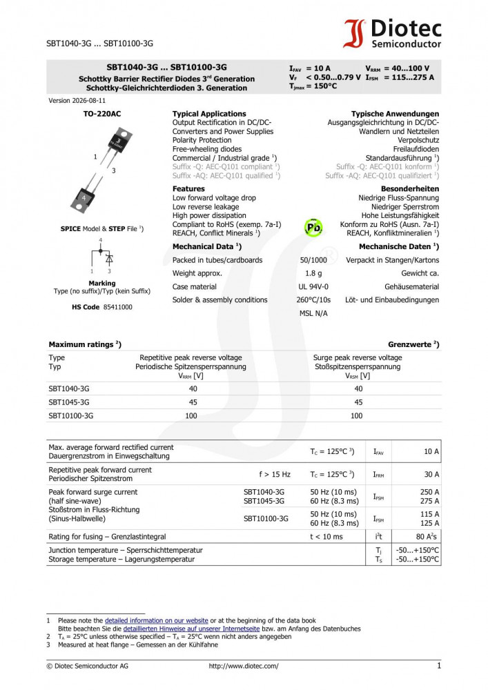 DIOTEC SBT10100-3G datasheet page 1