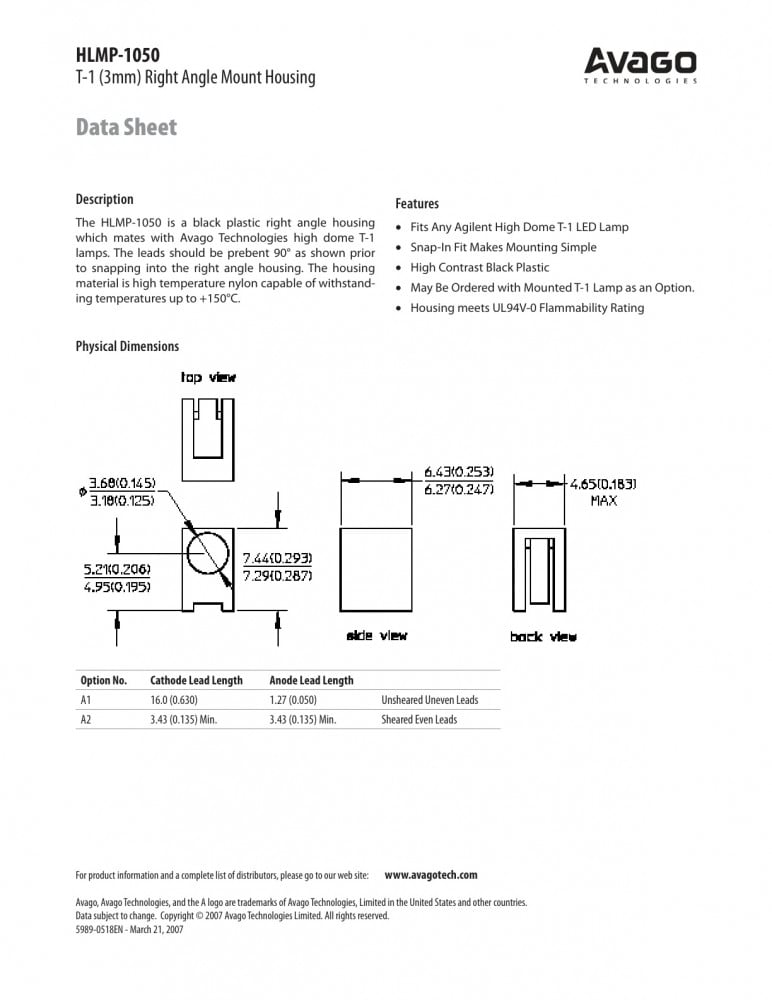 HLMP-1050 data sheet page