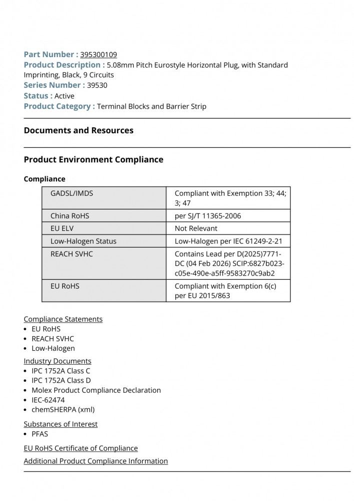 MOLEX 395300109 document image, page 1
