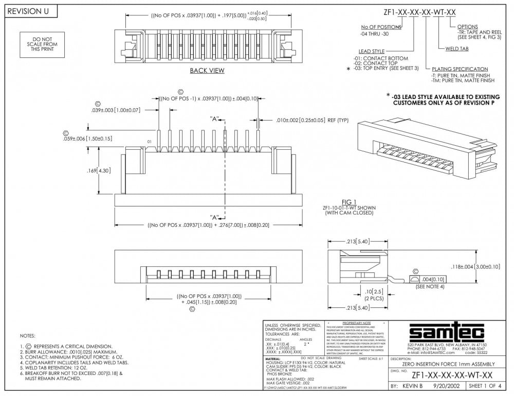 Samtec ZF1-04-02-T-WT technical drawing page 1