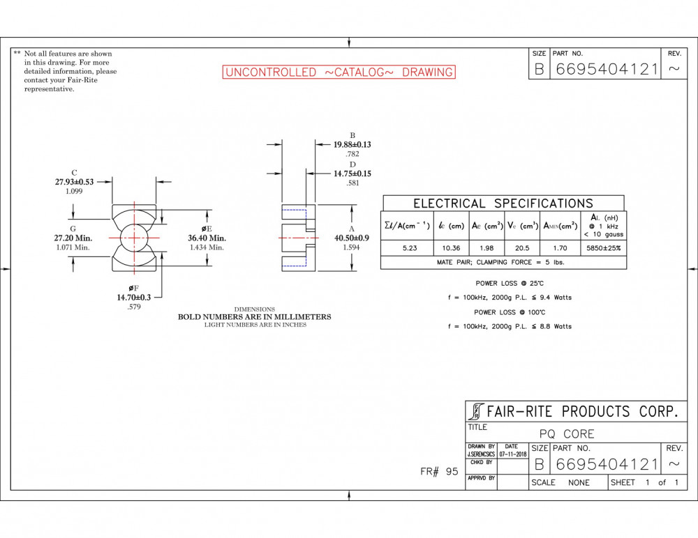 Fair-Rite 6695404121 PQ core drawing