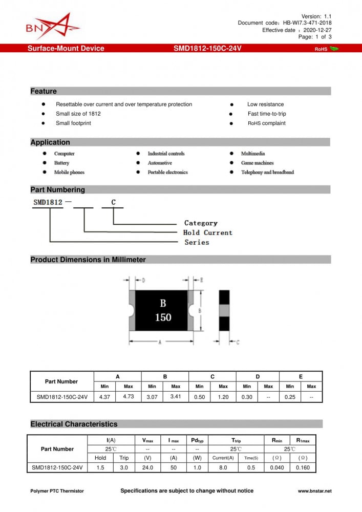 BNstar SMD1812-150C-24V datasheet page 1