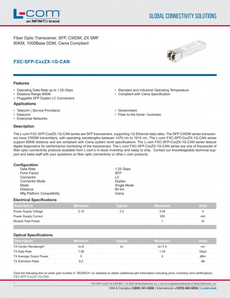 FXC-SFP-C59ZX-1G-CAN datasheet page 1