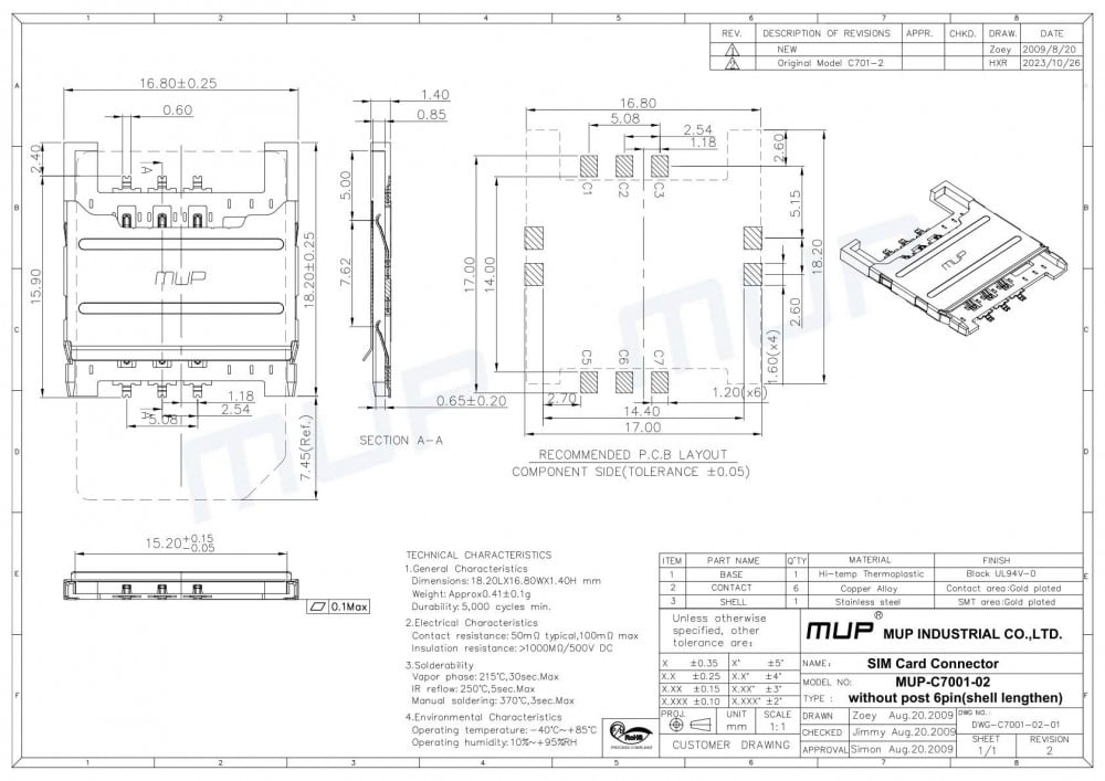 MUP C7001-02 SIM card connector drawing