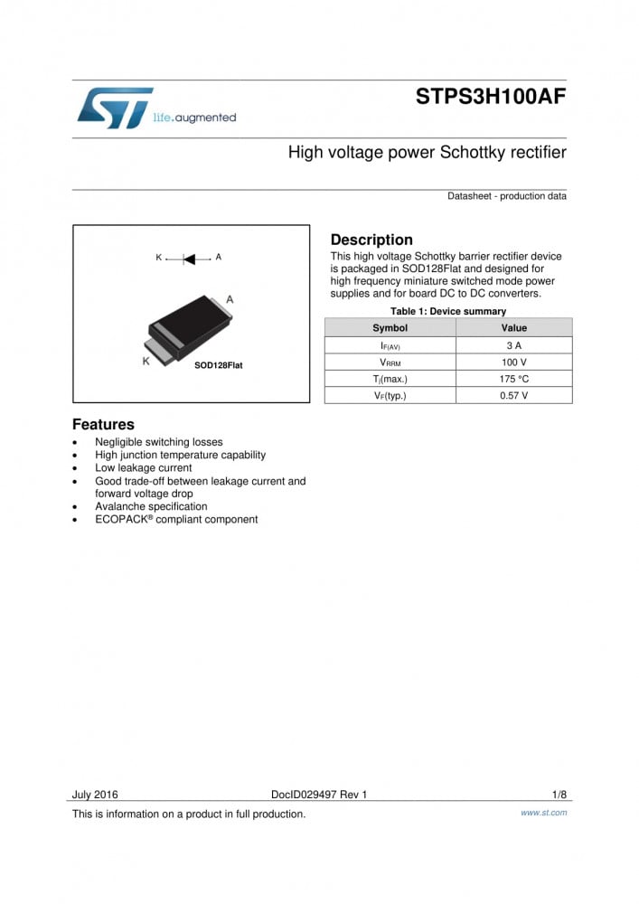 STPS3H100AF datasheet page 1