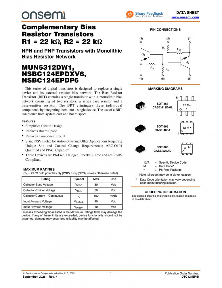 MUN5312DW1 datasheet page 1