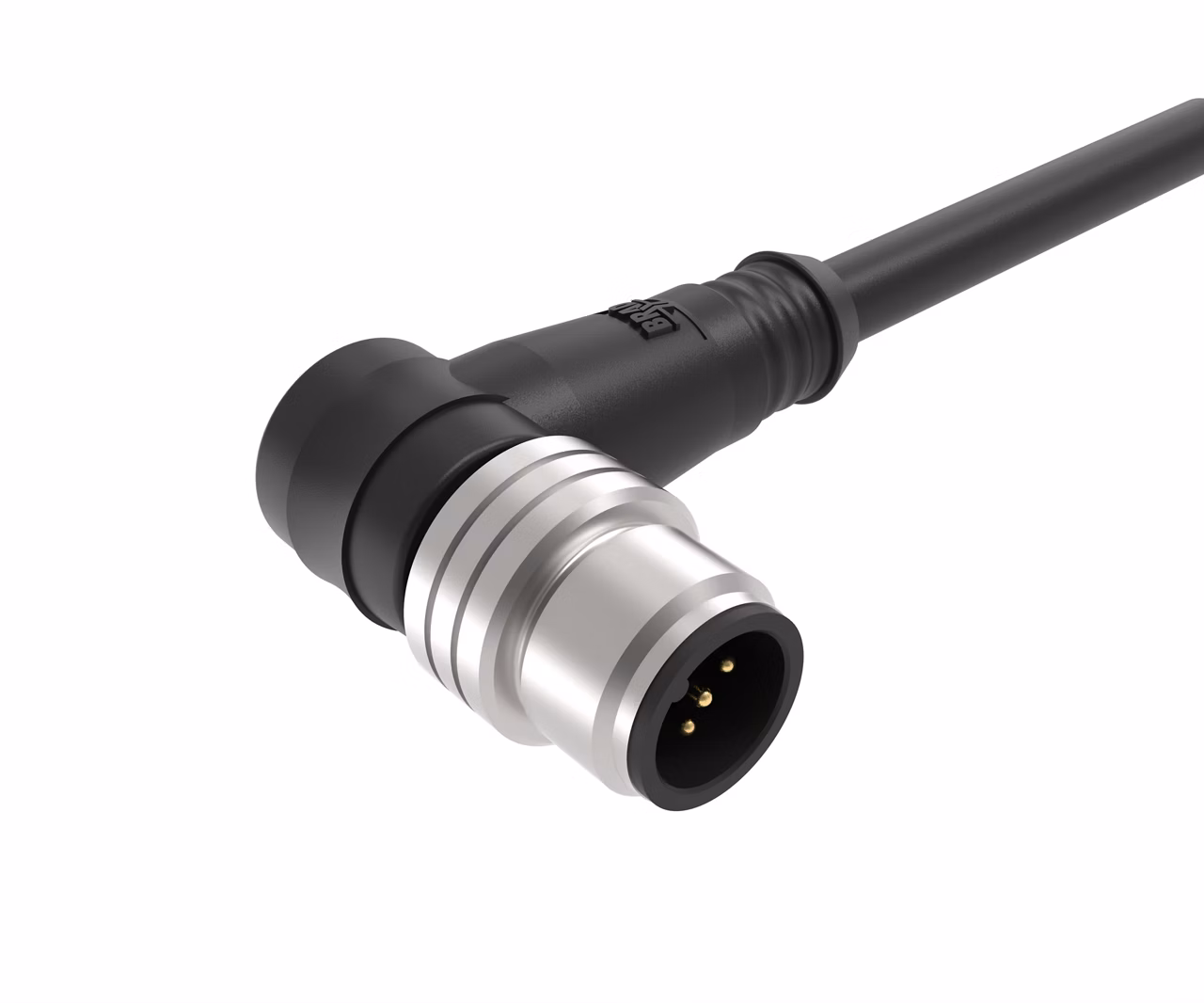 M12 Signal, A-Coded, Single-Ended Cordset, 3 Poles, Female (90°) to Pigtail, 0.34mm² (22 AWG), Black PUR/PVC Cable, 1.0m (3.28') Length