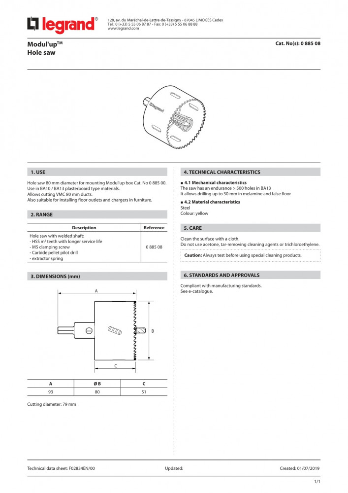 Legrand Modul’up 0 885 08 hole saw technical document page
