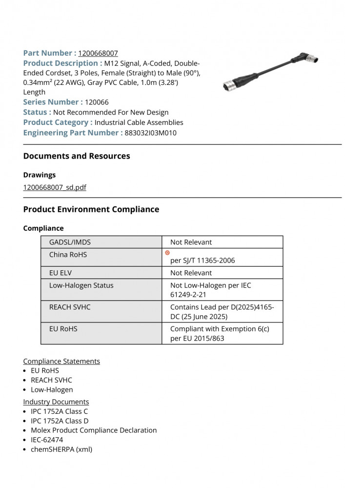 MOLEX 1200668007 product drawing preview, page 1