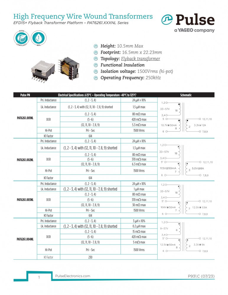 PAT6261 series electrical specification page