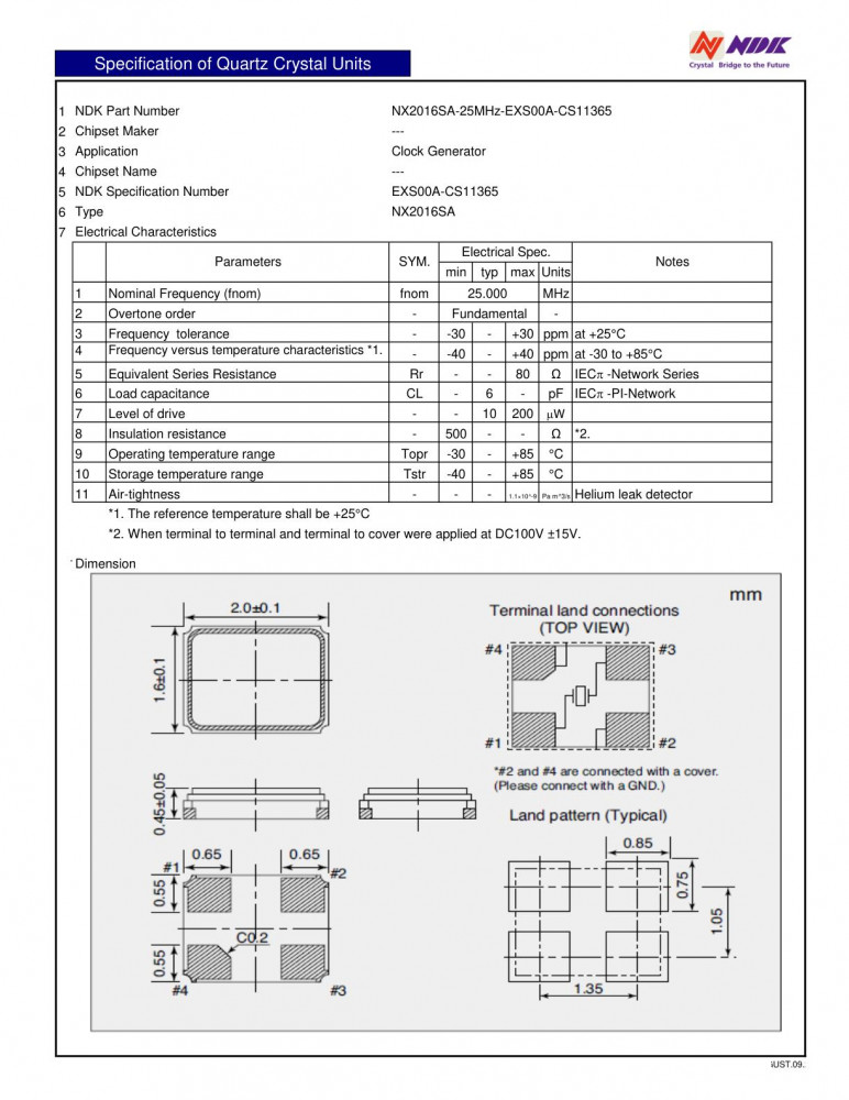 NDK NX2016SA-25MHZ-EXS00A-CS11365 specification page
