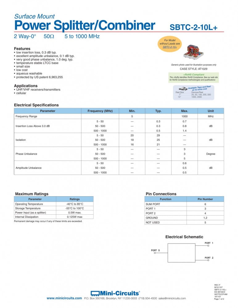 SBTC-2-10L+ electrical specifications and pin information