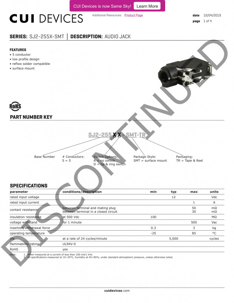 SJ2-2555D-SMT-TR technical document page 1