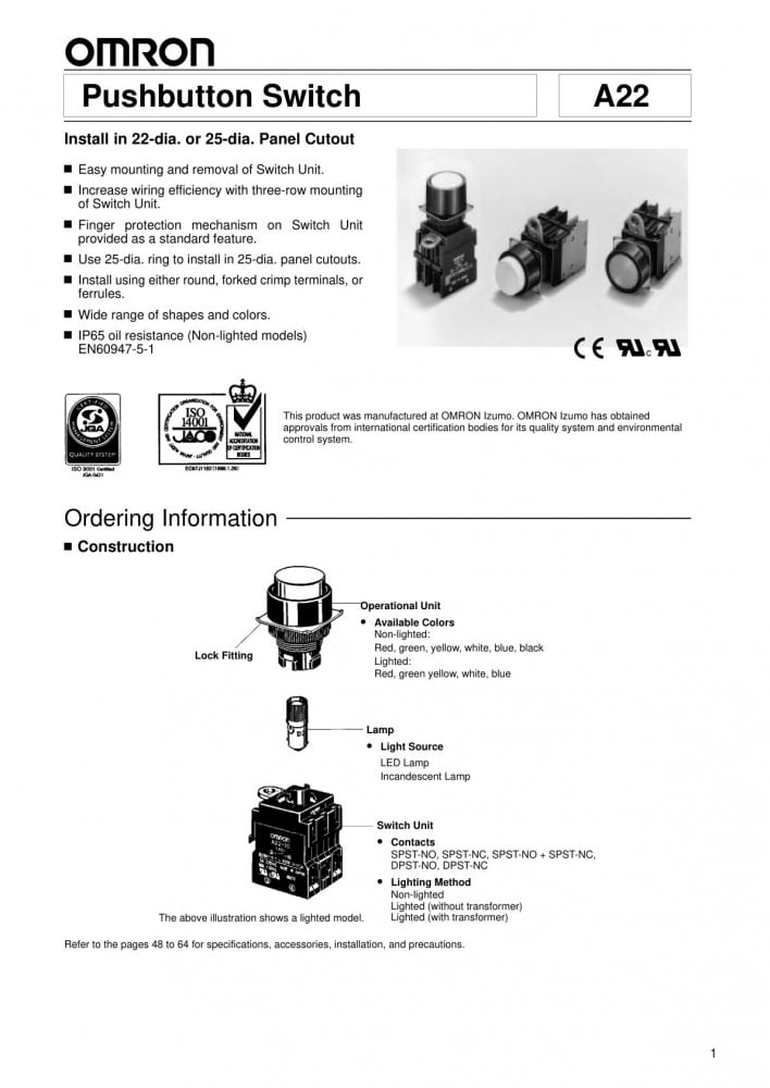 OMRON A22 datasheet page 1