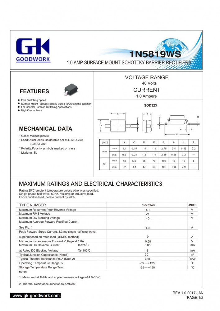 GOODWORK 1N5819WS technical document page 1