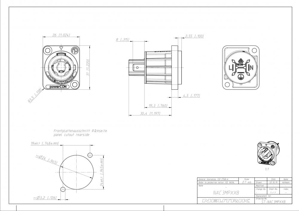 Neutrik NAC3MPXXB technical drawing