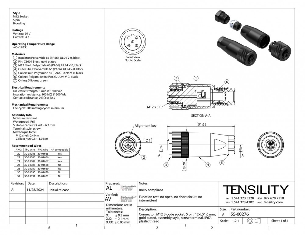 Tensility International 55-00276 M12 B-code 5-pin socket drawing