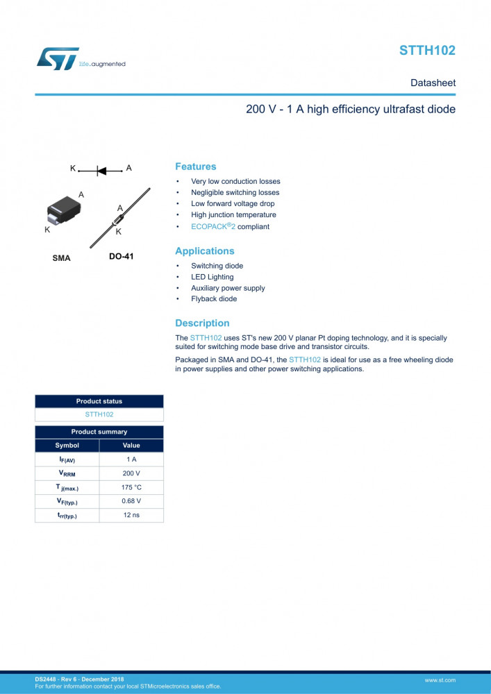 STTH102RL datasheet page 1