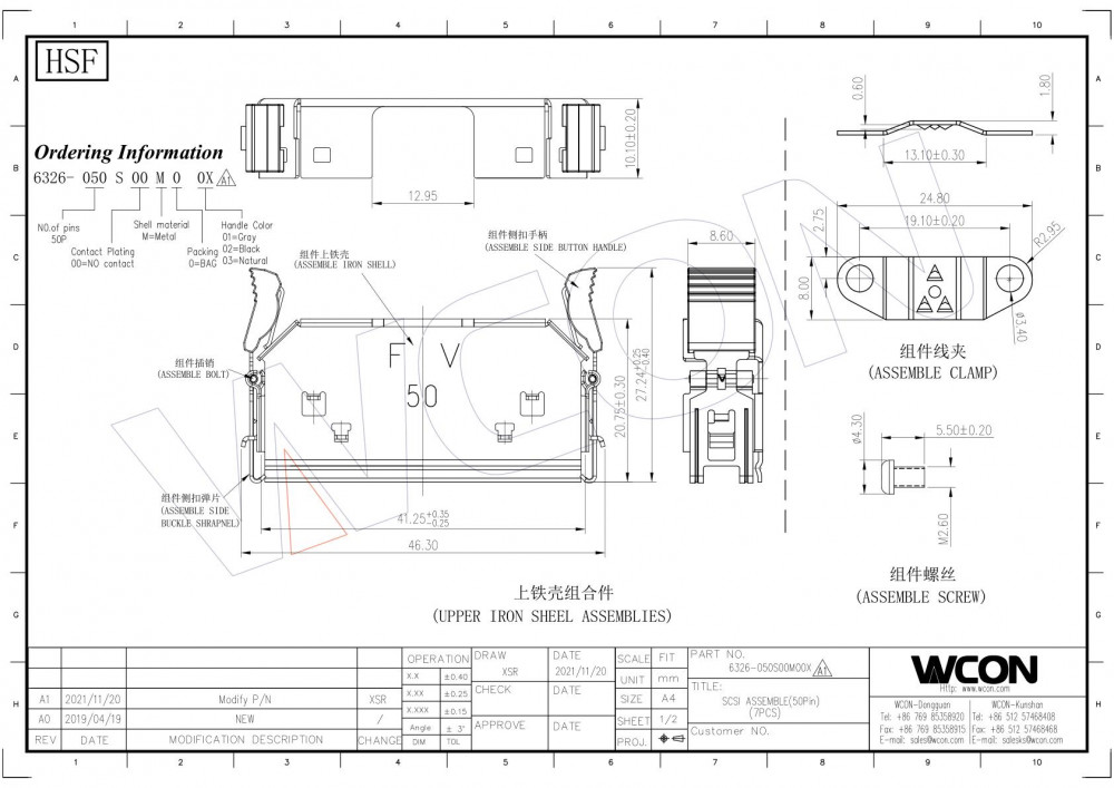 WCON 6326-050S00M00X SCSI 50-pin assembly drawing, page 1